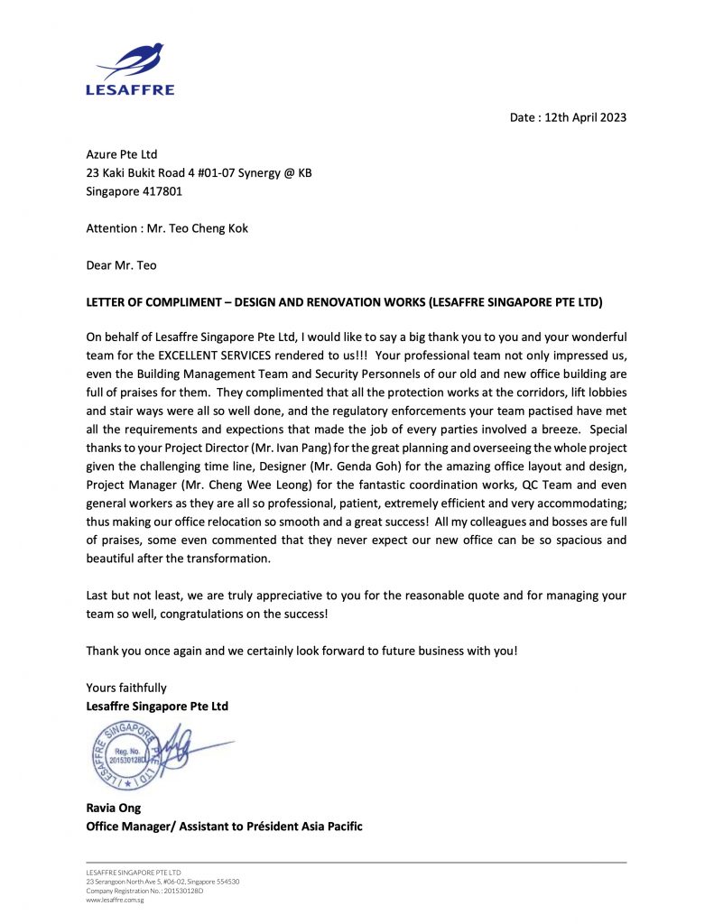Letter of Compliment from Lesaffre Singapore - Interior Design by Azure ...
